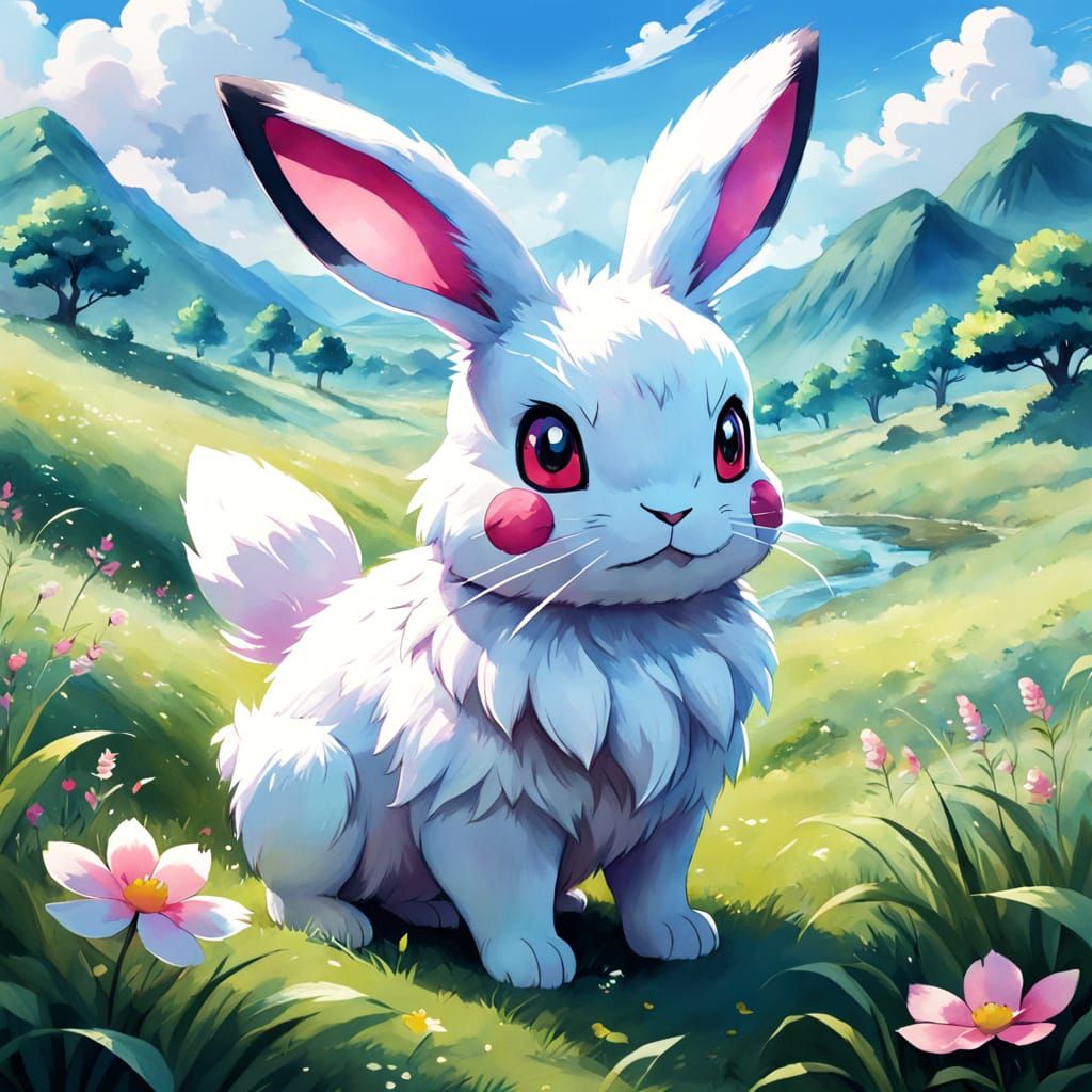 Anime-Style Rabbit-Like Fakemon in a Lush Meadow - AI Art