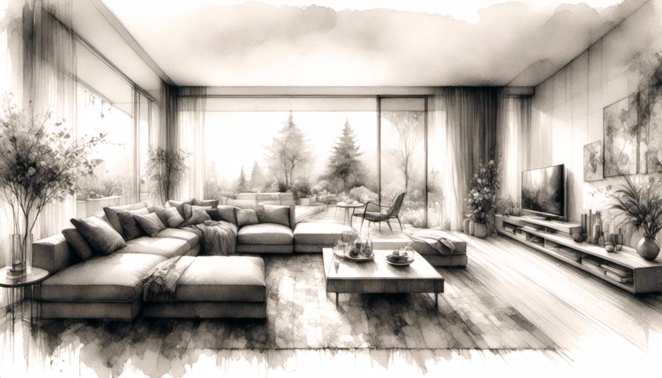 interior of a modern living room. rough sketch pencil drawing. - AI ...
