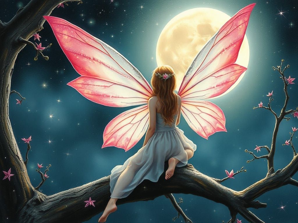 Vibrant artwork featuring a fairy sitting alone on a tree branch, her ...