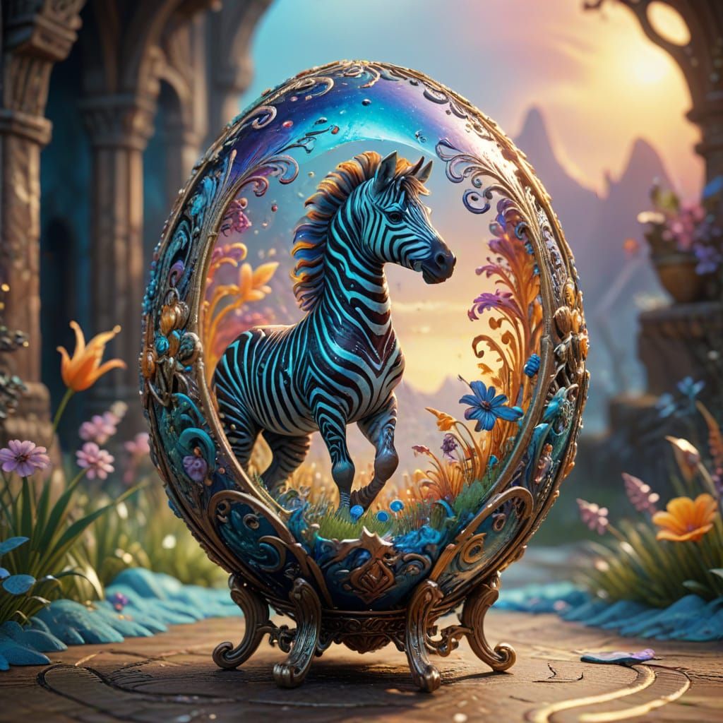 Whimsical Fantasy Zebra in an Iridescent Egg - AI Art