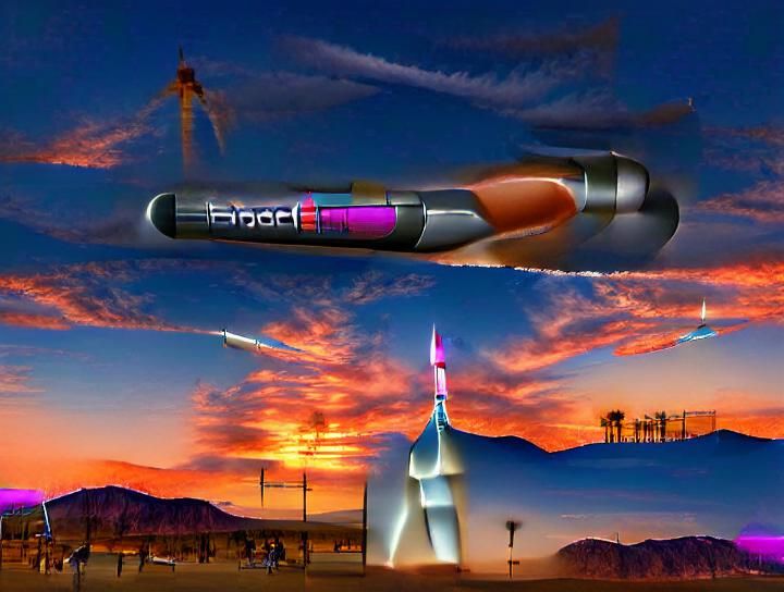 A sleek, futuristic rocket launching from a high-tech spaceport in the ...