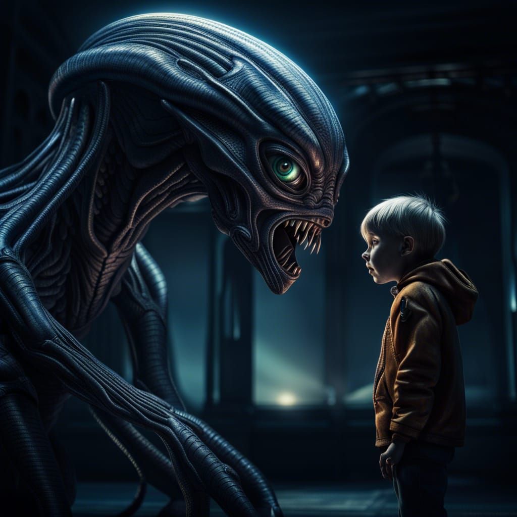 Strange gigantic alien speaks with a small human intricate details, HDR ...