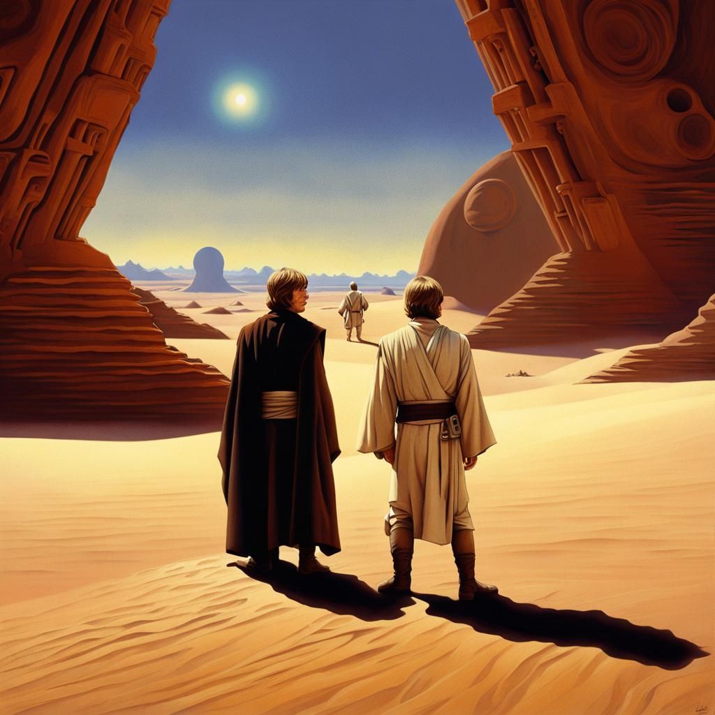 Luke Skywalker gazes at the twin suns on Tatooine in Star Wars. - AI ...