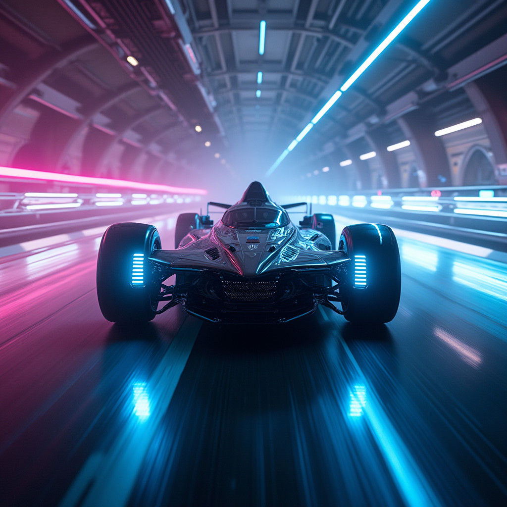 Cyberpunk Space Racecar Speeds Through Neon Arena - AI Art