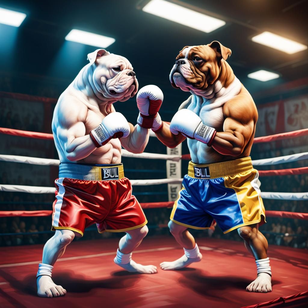 2 bull dogs boxing inside a boxing ring. Both bull dogs should be ...