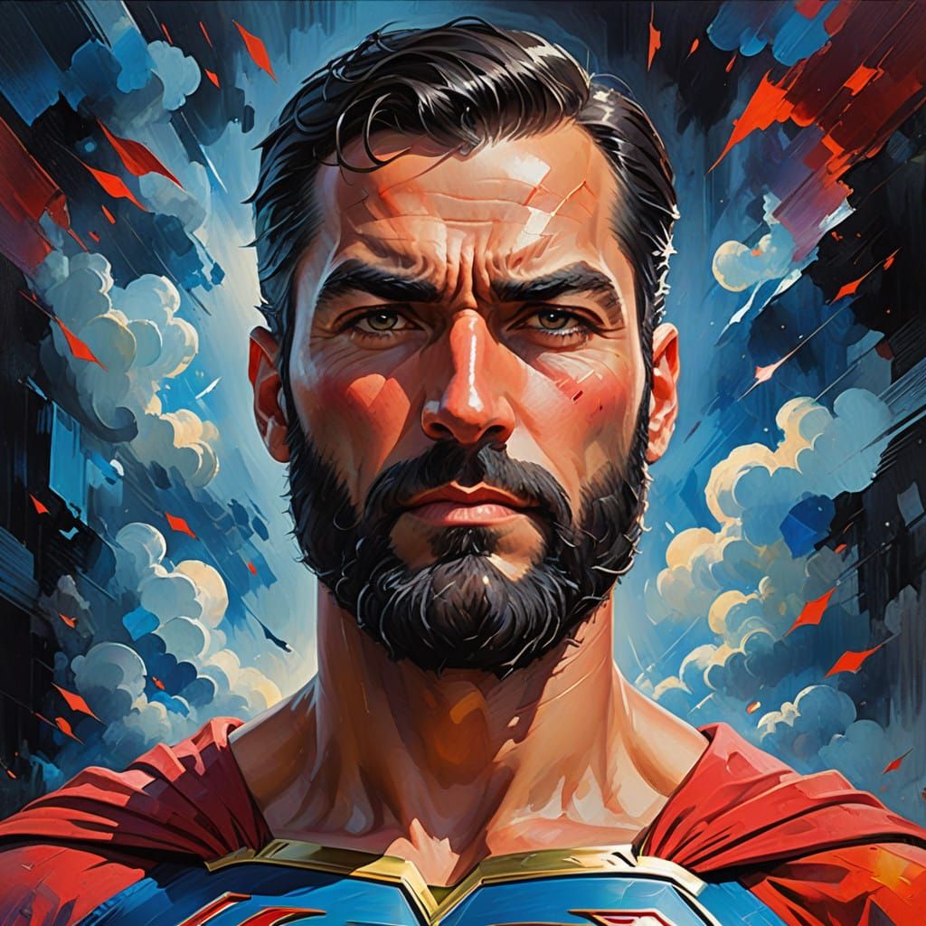 Angry furious sad anxious wrathful Superman with black hair and beard