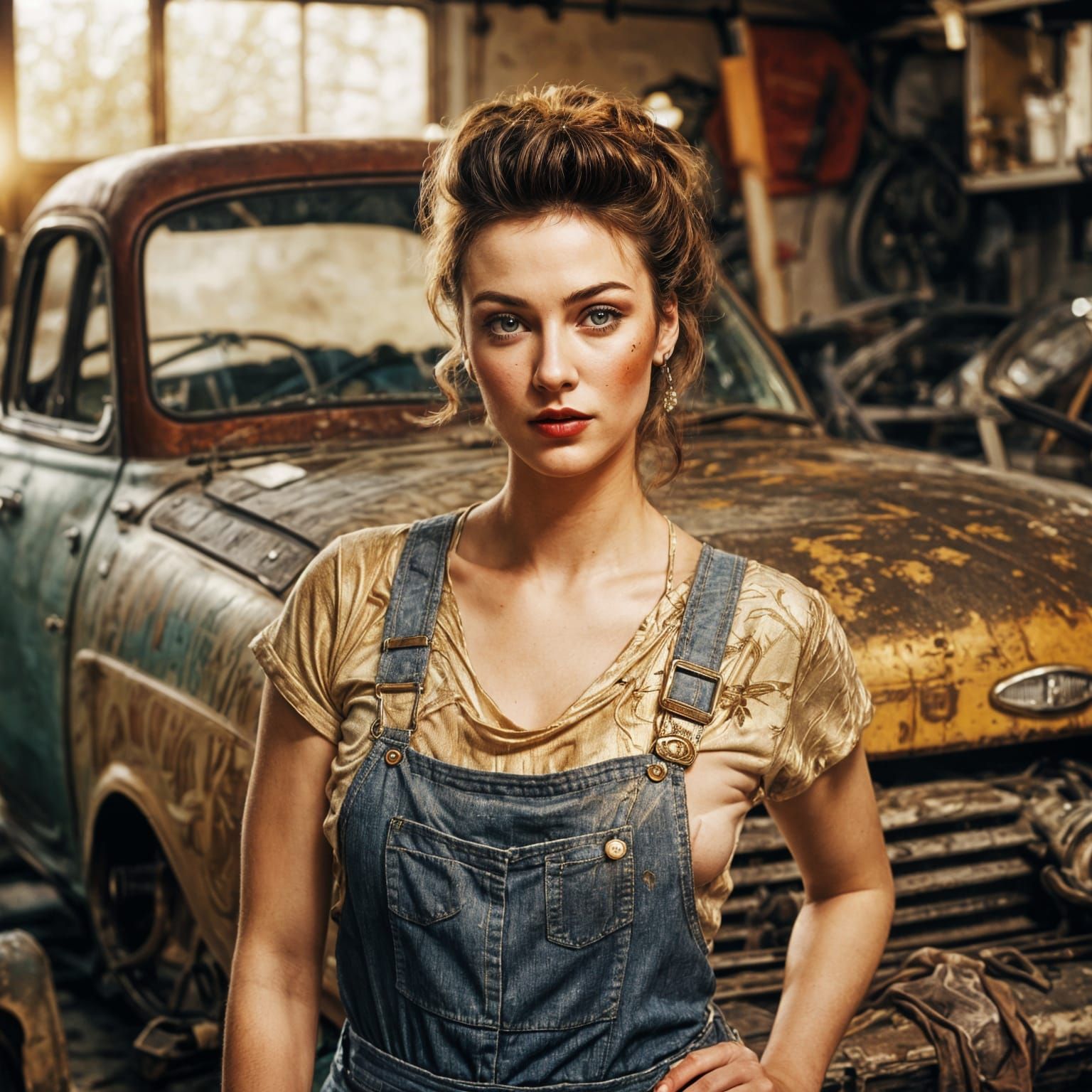 1960s garage mechanic - Vintage Pin Up Girl in a 1960s Garag...