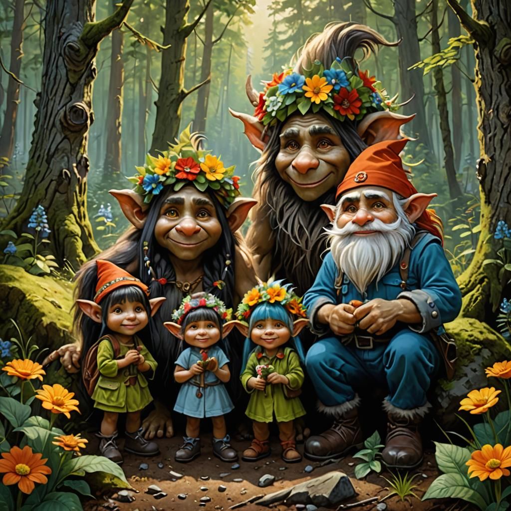 a painting of acute little troll family camping in the woods, little ...