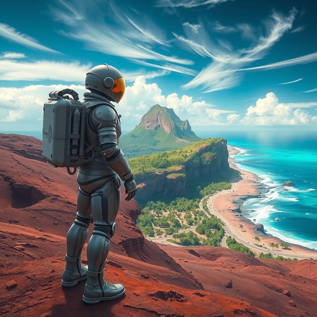 Astronaut in Metallic Exosuit Stands on Alien Terr... - AI Art