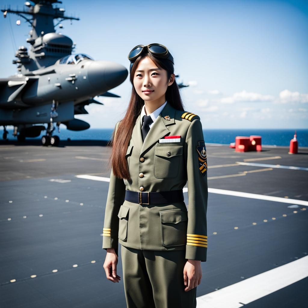 Portrait of a Beautiful young long haired japanese military pilot girl ...
