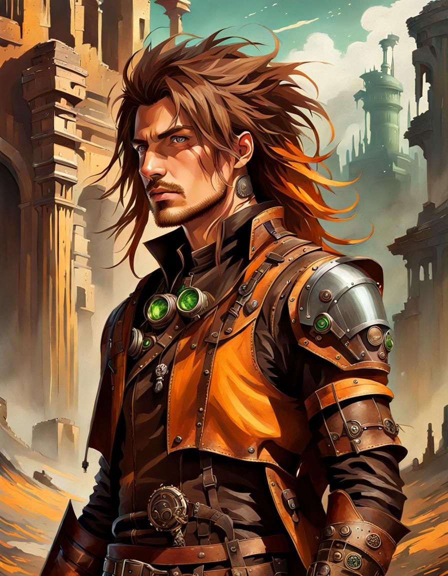 portrait of a thin, tired adventurer with disheveled hair wears a old ...