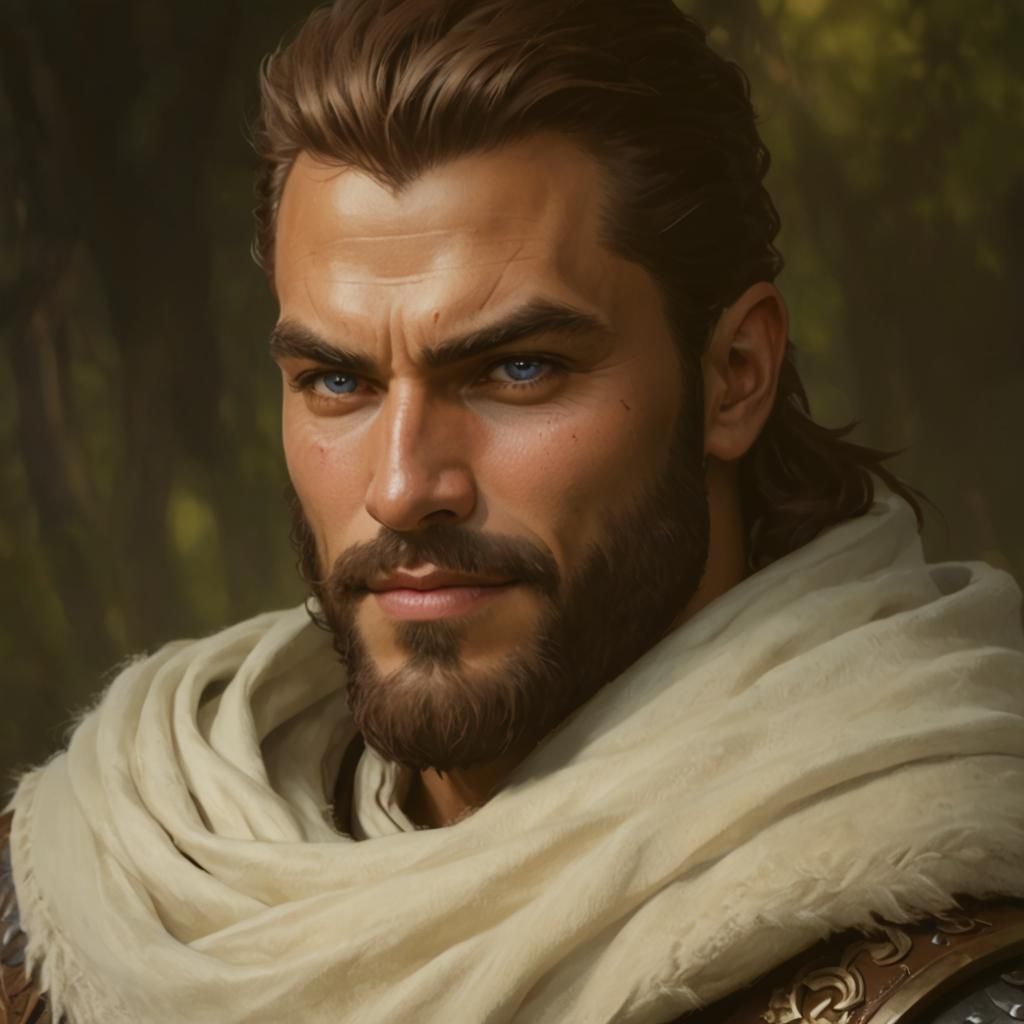 High fantasy epic attractive male barbarian warrior, charming smile ...
