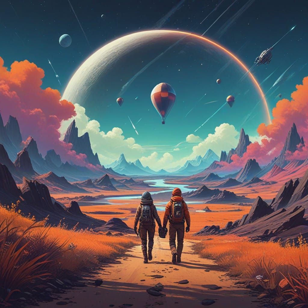 Couple Embarks on Timeless Journey Upward - AI Art