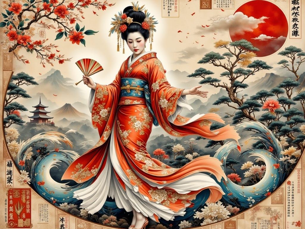 The central image of the Geisha is captured in a full-body action pose ...