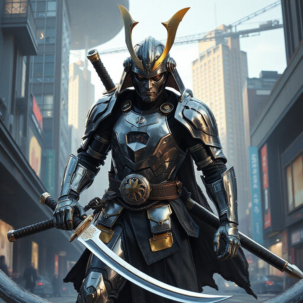 Cyborg Samurai in Futuristic Cityscape, Art Nouvea... - AI Art