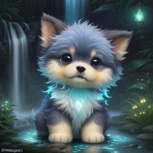adorable cute chibi baby furry Puppy with a bioluminescent Waterfall in ...