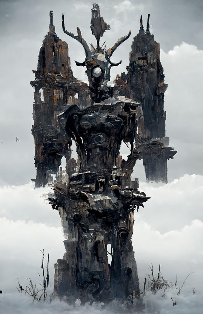 horned god robot in front of ruins with a melting sky - AI Generated ...