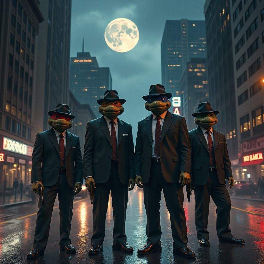 ninja turtles as mobsters, holding guns. Location is New York city, at ...