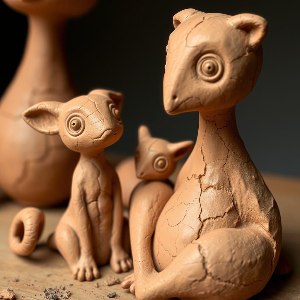 Animals or mythical creatures shaped from clay, showing the cracks ...