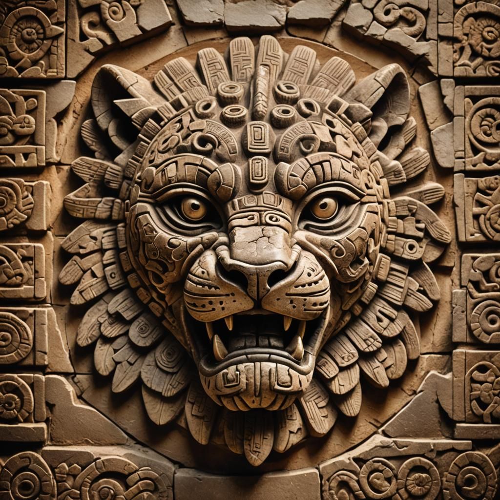 Ancient Aztec Jaguar Stone Carving in Earthy Tones - AI Art