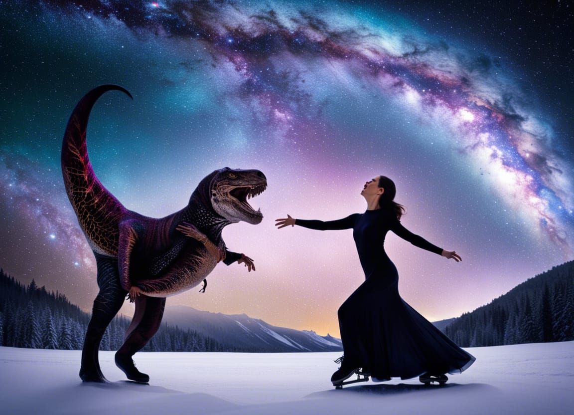 Ice-skating T-Rex Duo Waltzing in the Cosmos - AI Generated Artwork ...