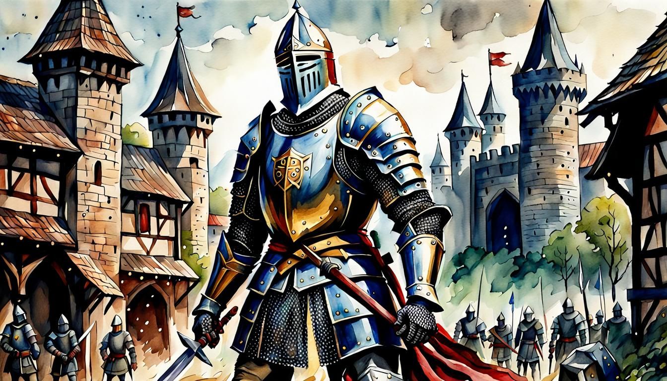 a full armor knight in medieval times, draw his sword and defending his ...