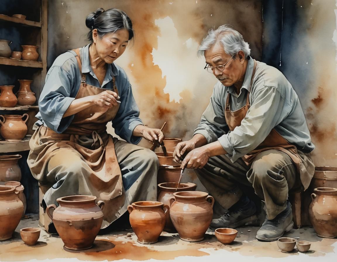 Master & Apprentice potters throwing clay pot - AI Generated Artwork ...