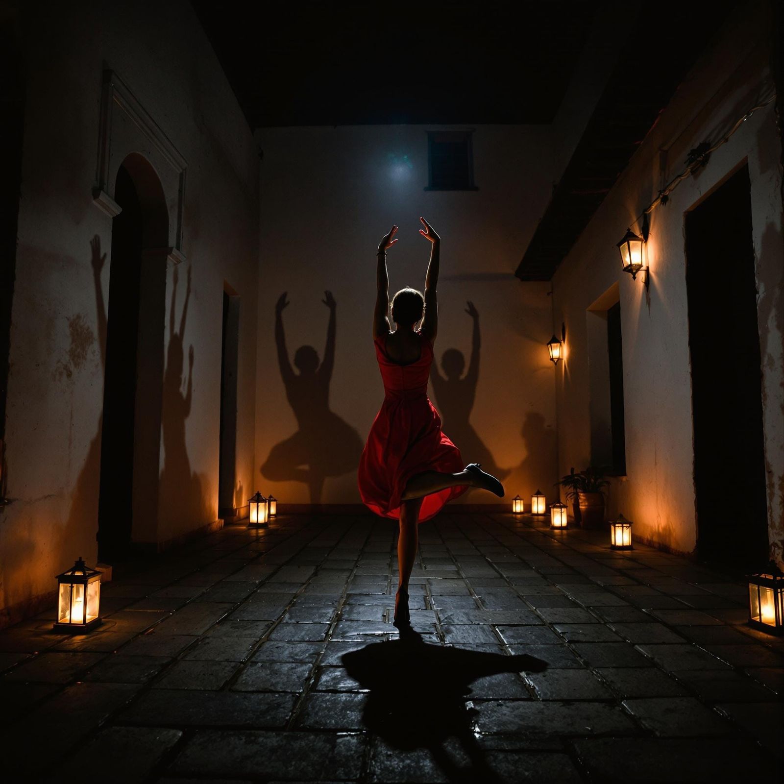 A dimly lit courtyard at night, illuminated by flickering lanterns. The ...