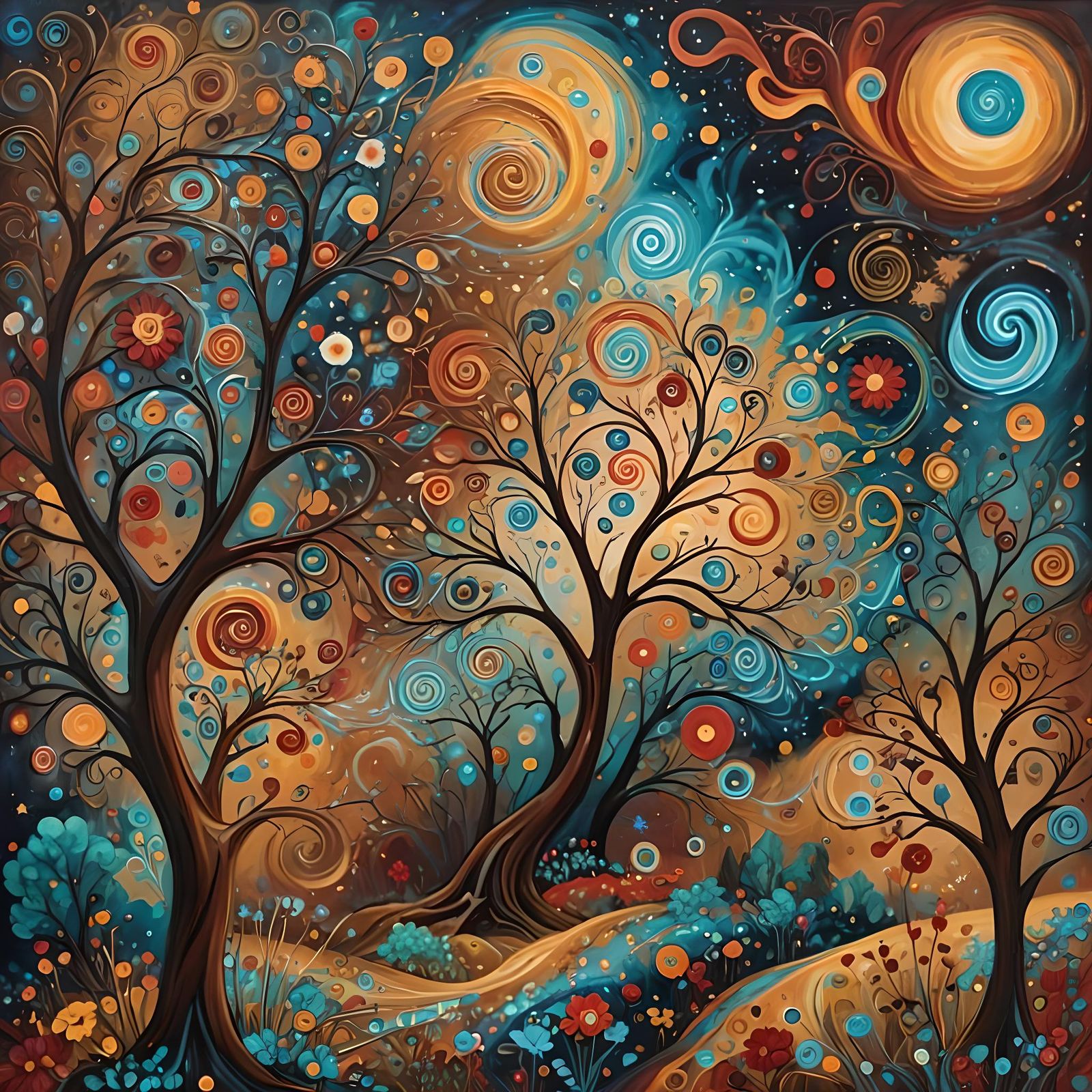Midnight Symphony - Vibrant Abstract Landscape with Swirls a...