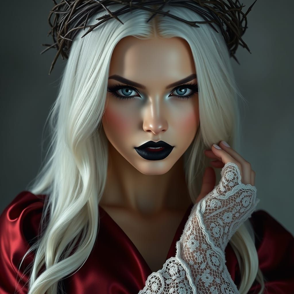 Ethereal Queen with Snowy Hair and Thorn Crown - AI Art