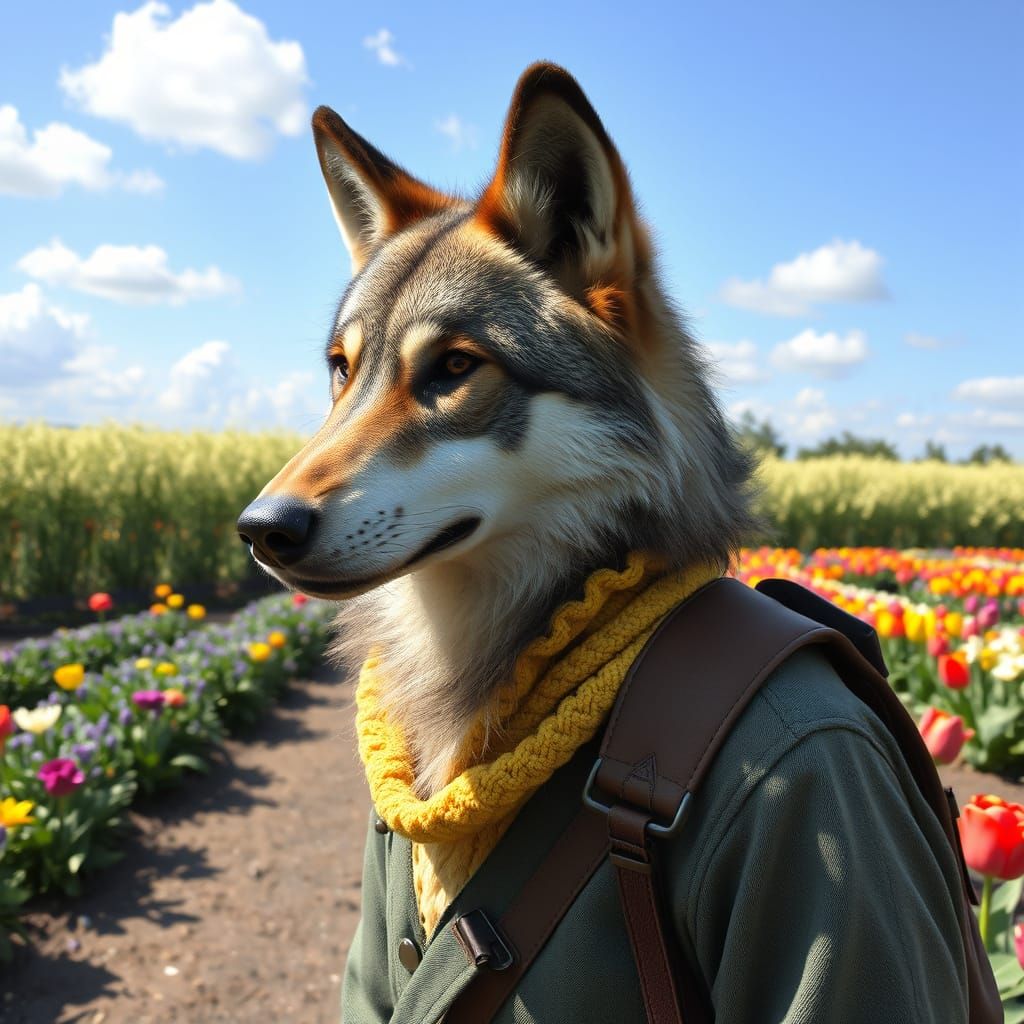 Wolf in Suit Visits Keukenhof Gardens, Netherlands - AI Art