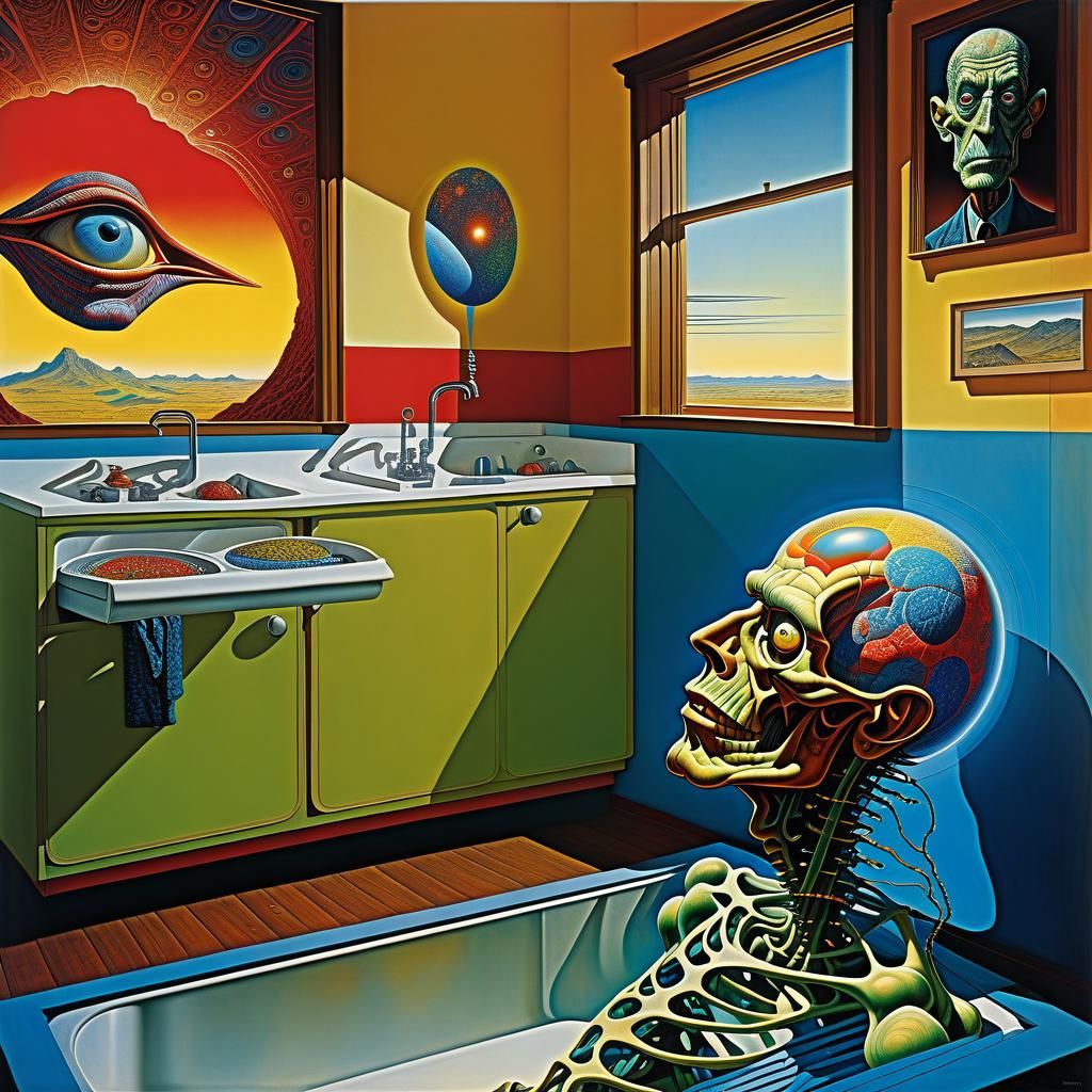 Bathtime in the Kitchen - Hyperrealistic Psychedelic Surreal...