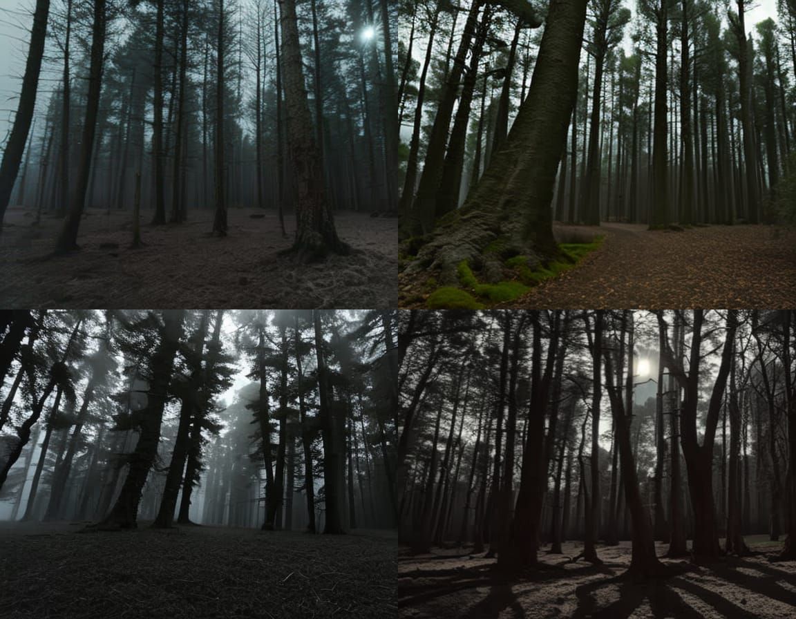 Moonlight through twisted gnarled trees in a ((eerie dark)) forest ...