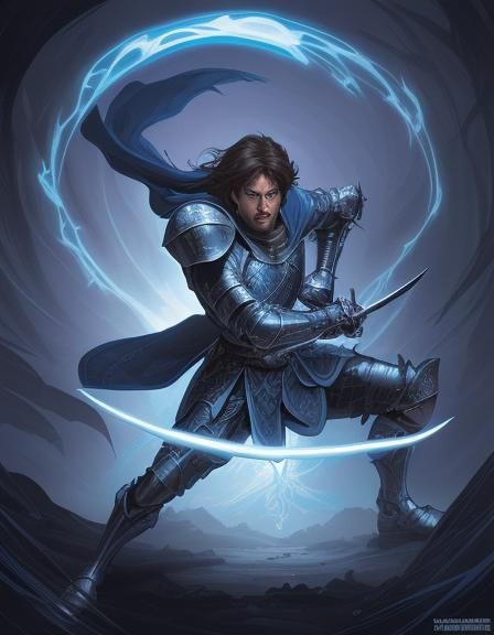 a knight, cool post, wield a magical long sword with Magical blue light ...