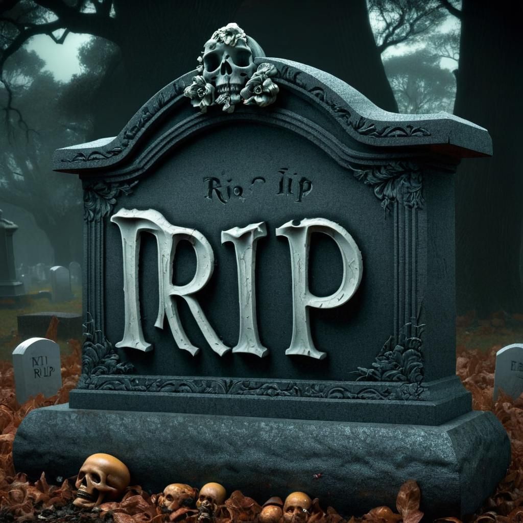 hyper realistic text "R.I.P" carving, ornate, gravestone, cemetery ...
