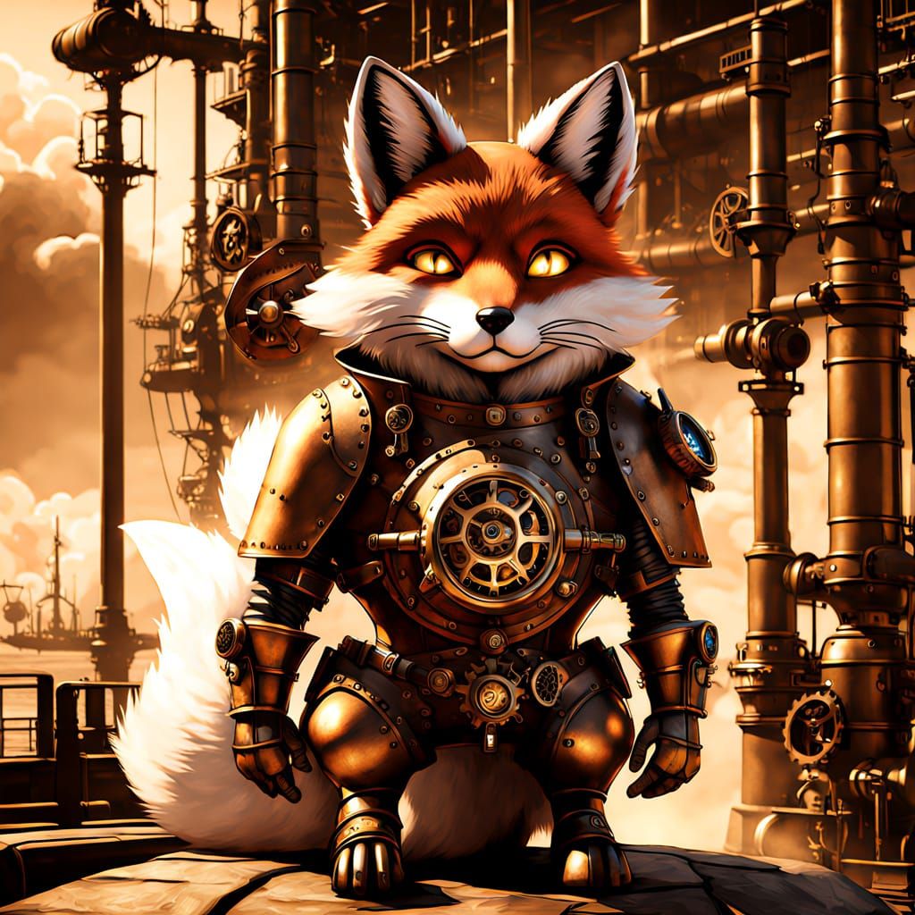 Steampunk Fox in Mech Suit on Airship Dock - AI Art