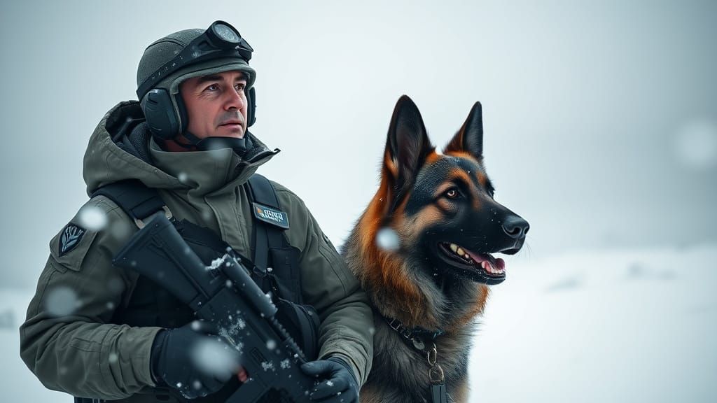 k-9 unit - Military K-9 Unit on Winter Patrol in Heavy Sno...