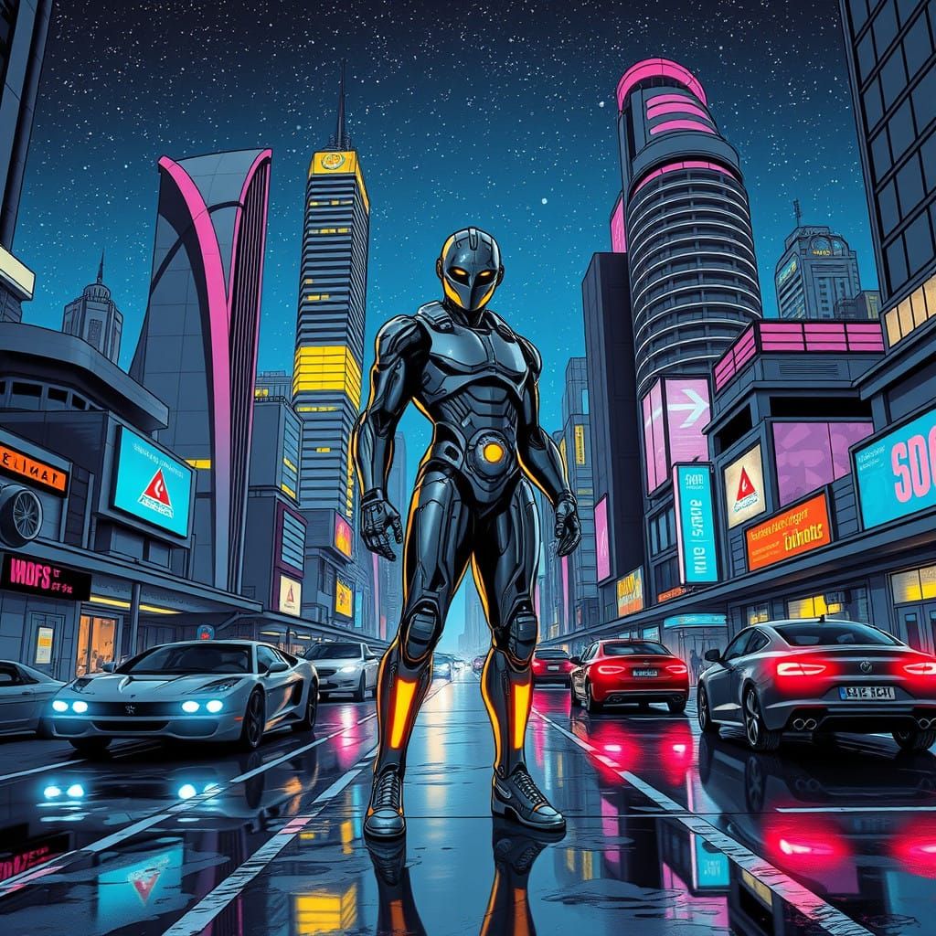 Heroic Cyborg Amidst Retro-Futuristic City - AI Art