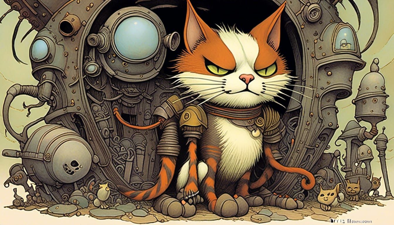 (an armed mercenary cat:1.5) (in spaceship)/ (by Gris Grimly/Tim Burton ...