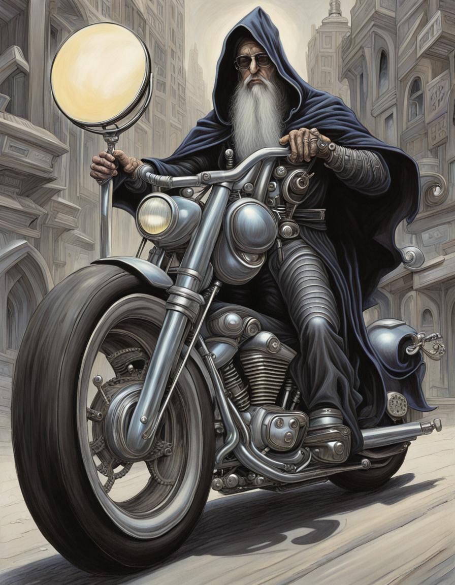 A Wizard Riding a Motorcycle with a Scrying Mirror - AI Generated ...
