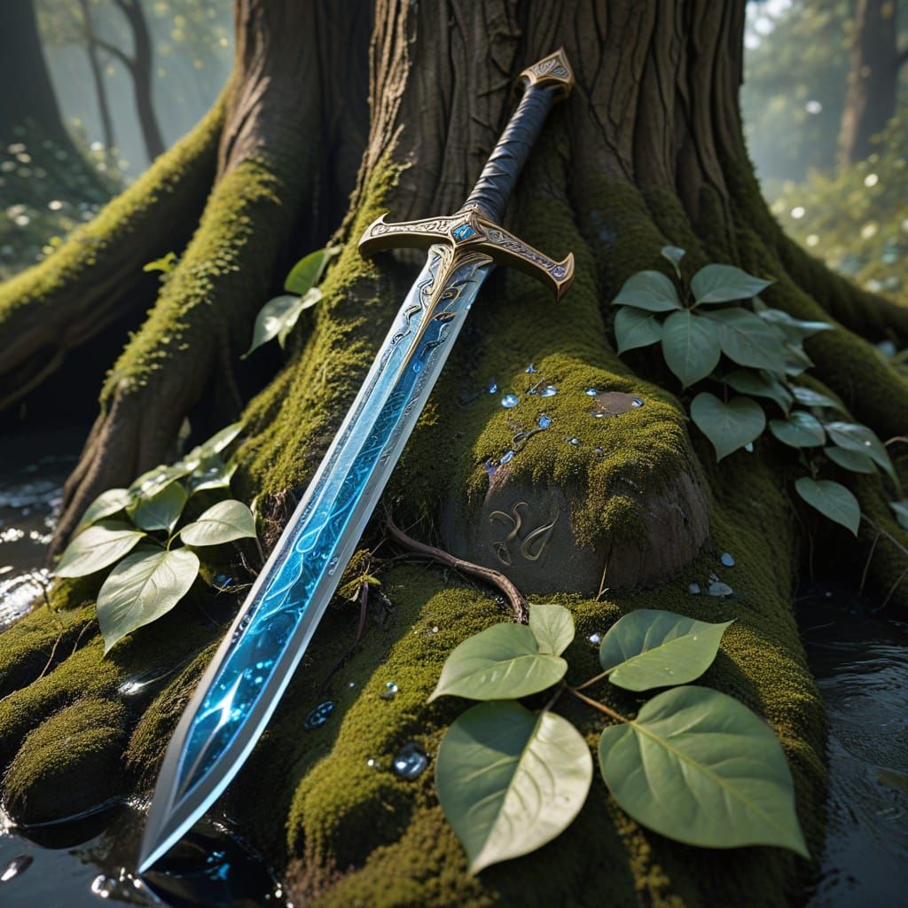 An elven sword, made of water, with elven engravings on a water stone ...