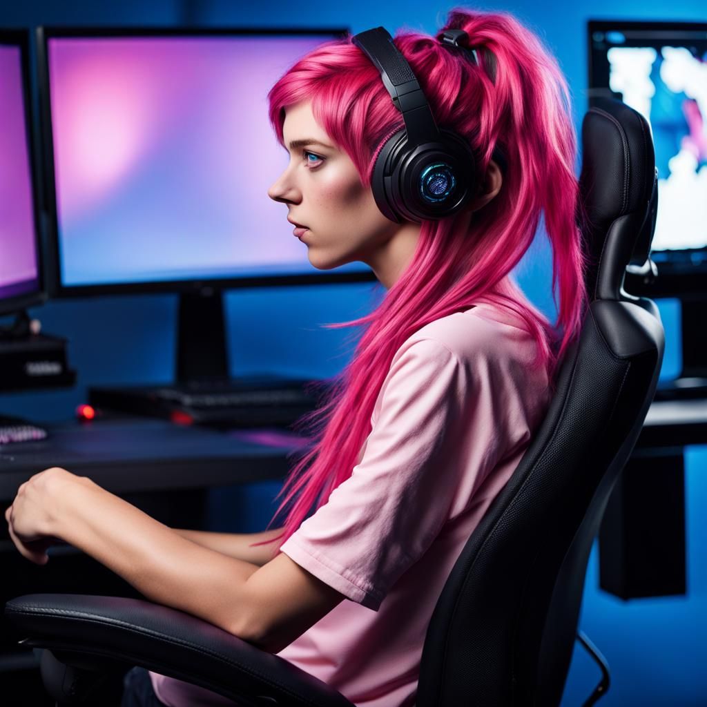 extreme cute and beautiful pink haired emo teen with messy long hair ...