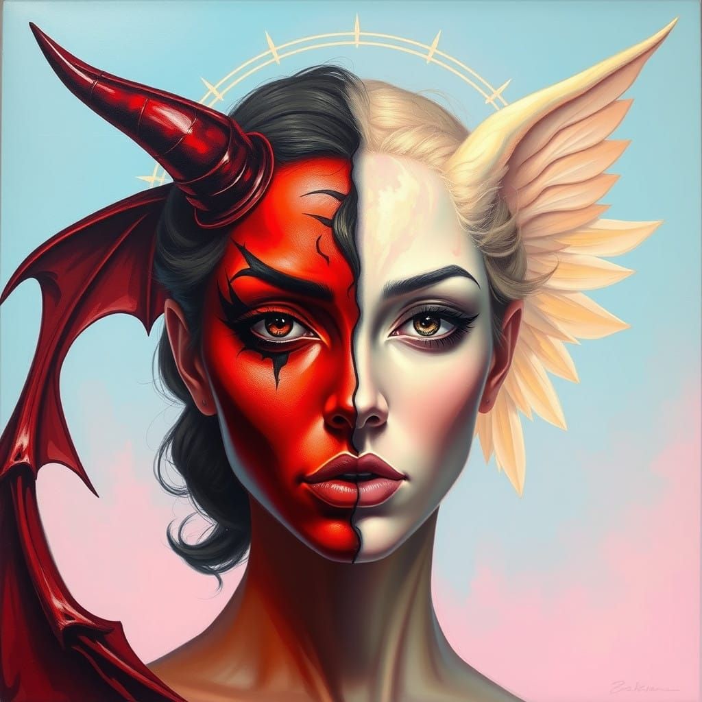 Portrait of a womans split face, with one half of her face is red demon ...