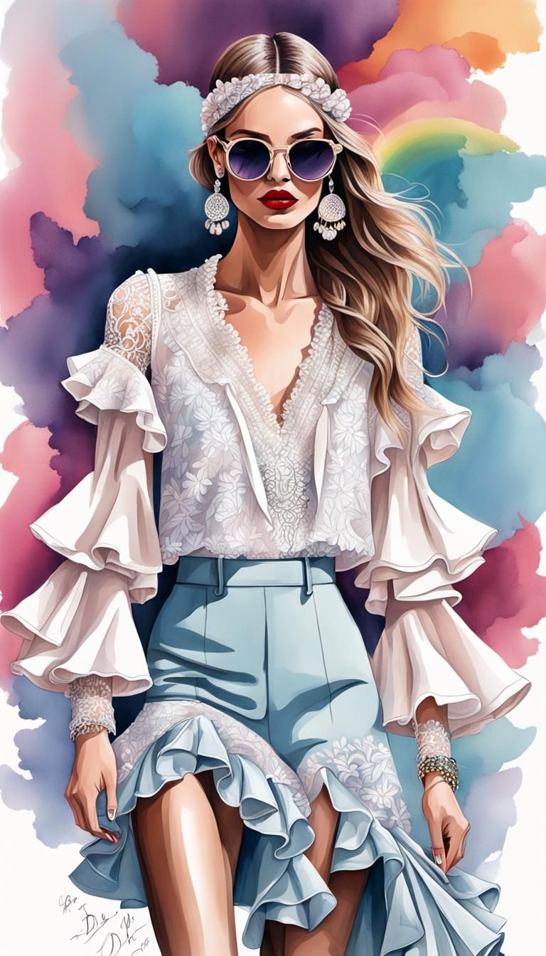professional fashion illustration portrait, streetwear boho outfit ...