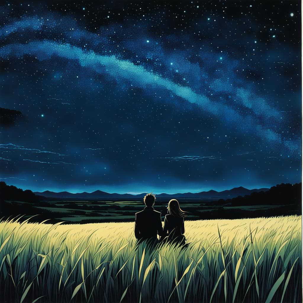 A vast, open field bathed in the cool light of a midnight sky. Millions ...