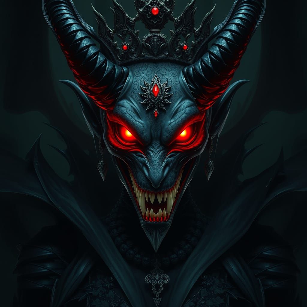 Demon Queen with glowing red eyes, gray skin and sharp shark-like teeth