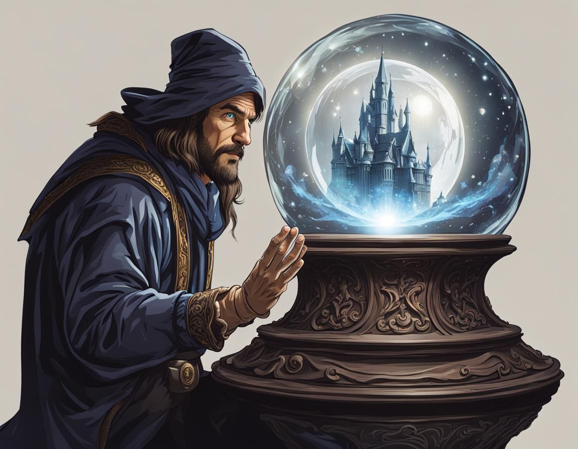 handsome male sorcerer peering into a crystal ball which reveals a ...