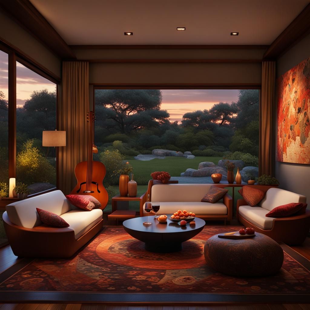 award winning night mode Architectural Digest photograph of small cozy ...