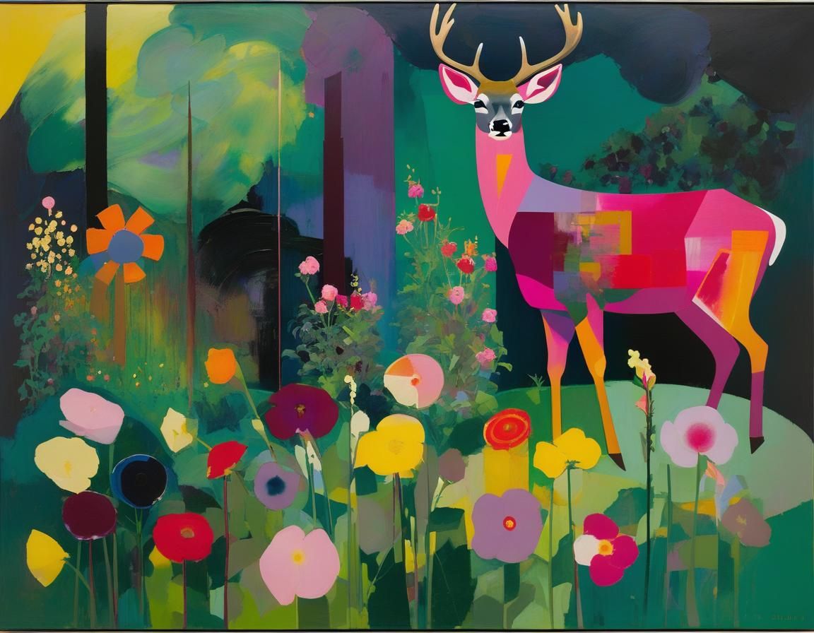 Deer in a garden, night, first bloom, Sam Gilliam, (Franz Kline:0.8 ...