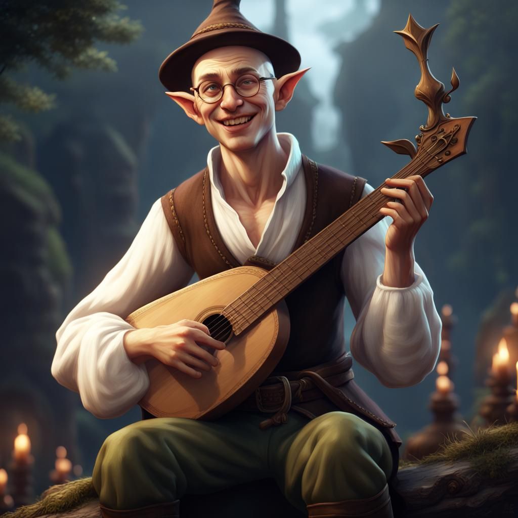 30 years old, bald elf bard with a lute, in a dark brown hat with ...